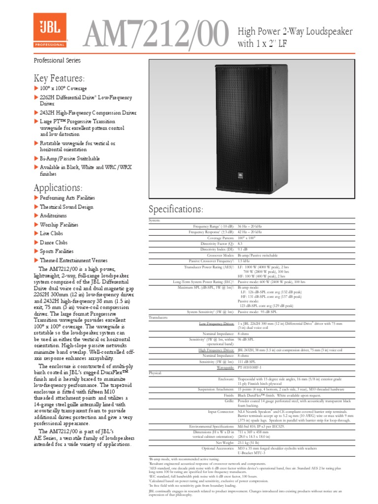 JBL Am7212 00-082016 | PDF | Loudspeaker | Electromagnetism