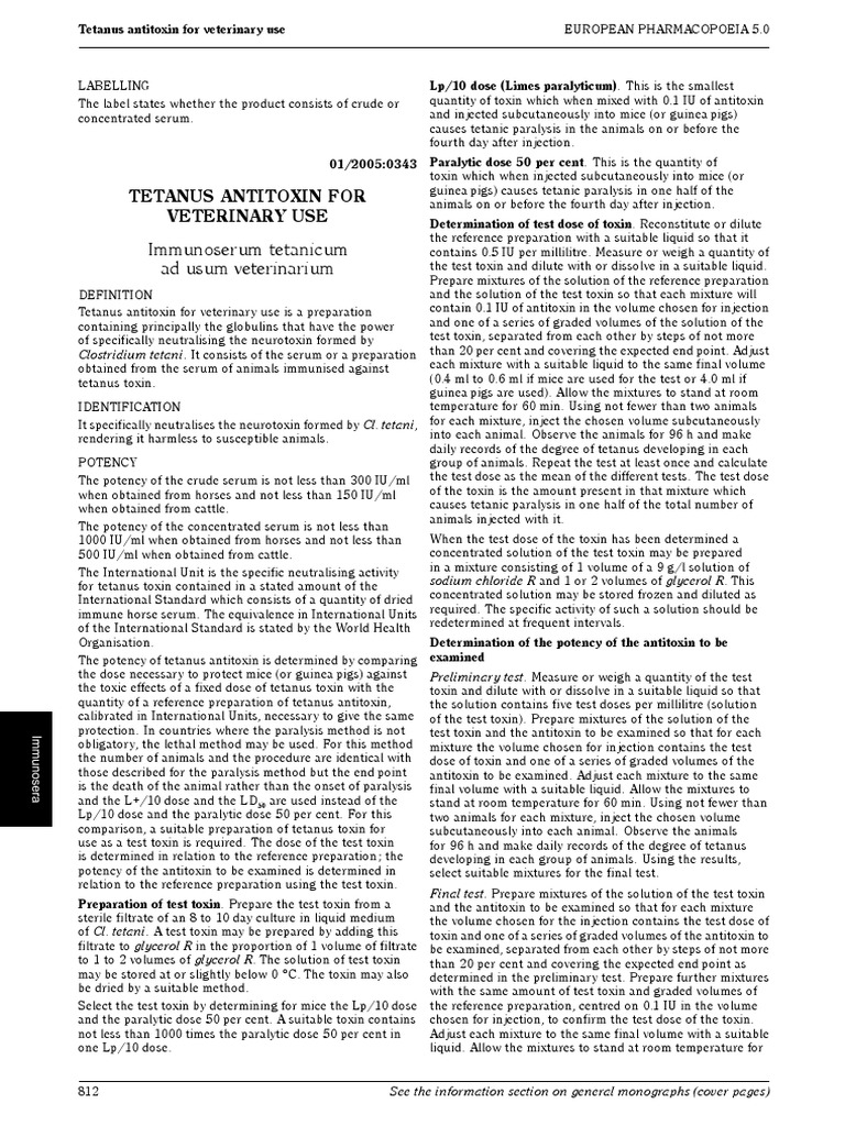 Veterinary Tetanus Antitoxin Guide | PDF | Medical Specialties | Chemistry