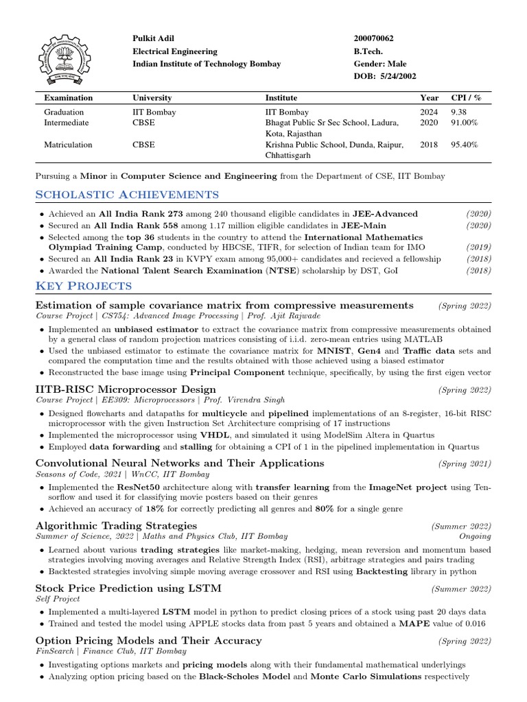 Resume Pulkit PDF | Download Free PDF | Mathematical Analysis | Option (Finance)