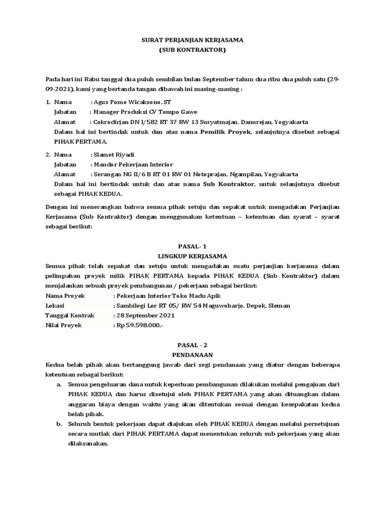 Surat Perjanjian Mitra Interior | PDF