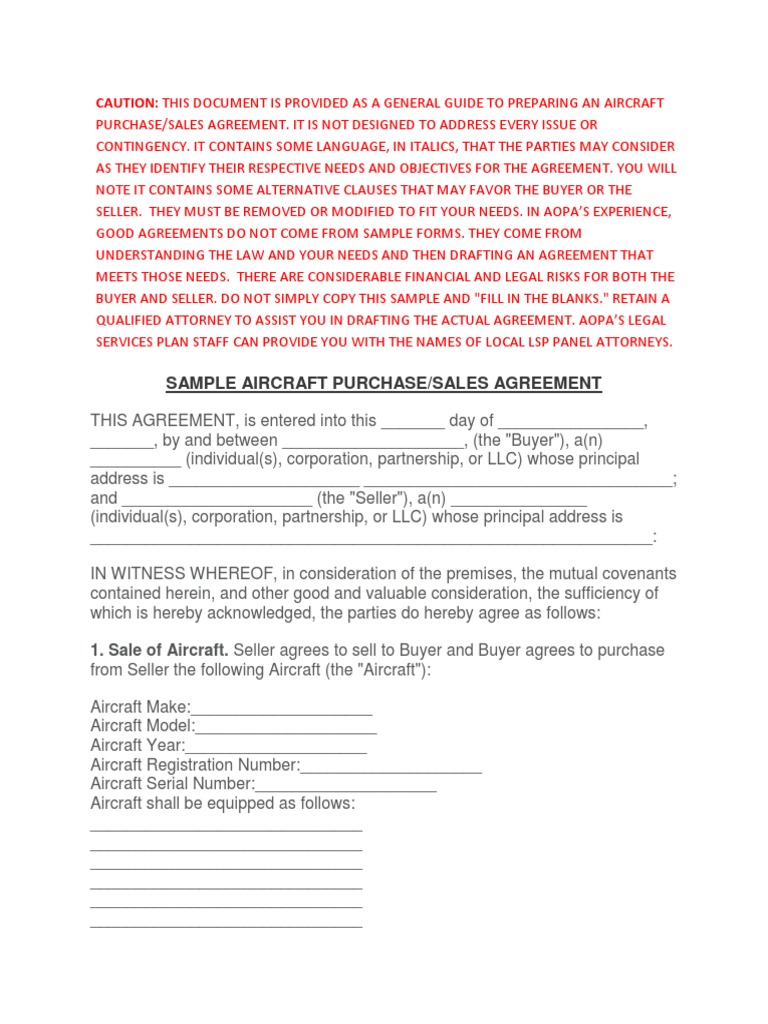 Guide to Drafting an Aircraft Purchase Agreement | PDF | Sales | Cheque