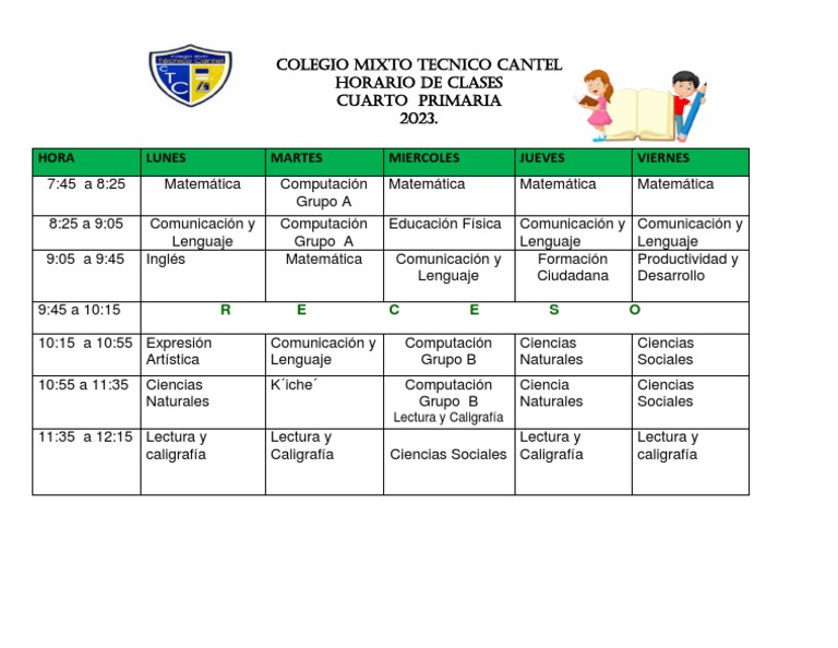 Horario de Clases 4to Primaria 2023 | PDF