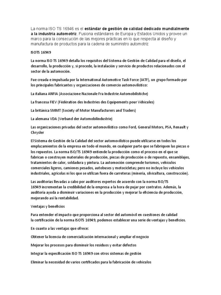 La Norma ISO TS 16946 Es El | PDF | Calidad (comercial) | Organización ...