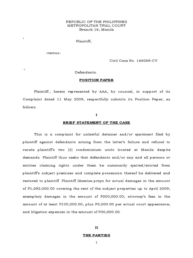 Sample Position Paper For Ejectment | PDF | Lawsuit | Lease