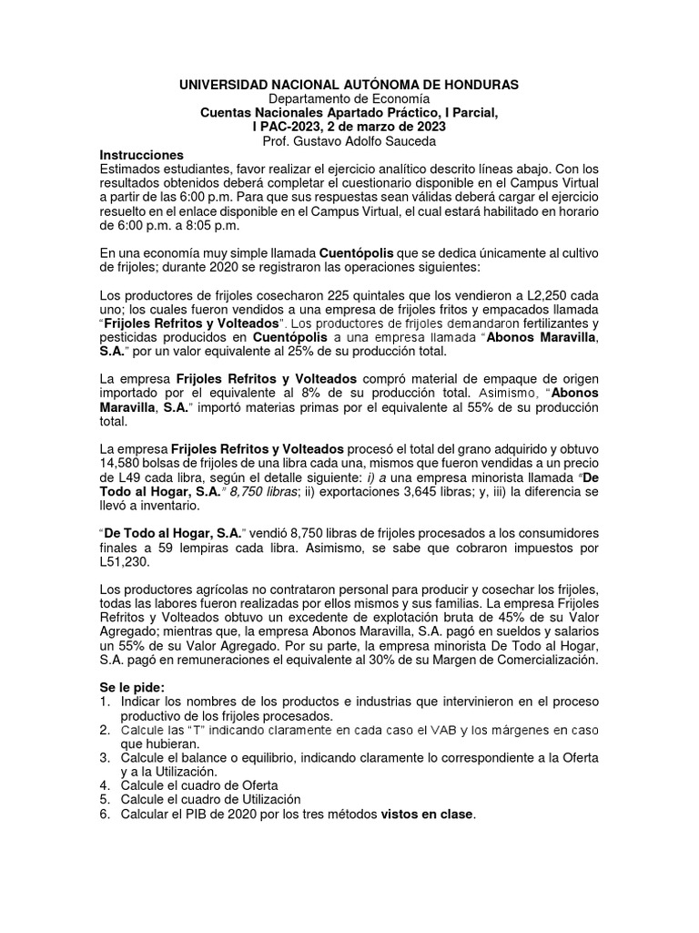 Examen de Cuentas Nacionales Apartado Práctico I Parcial I PAC-2023 | PDF | Salario | Valor añadido