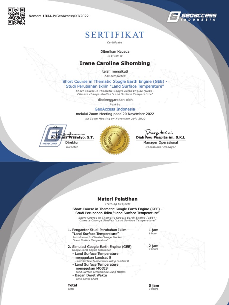 Sertifikat Online Short Course Thematic LST GEE - Irene Caroline Sihombing | PDF | Satellite ...