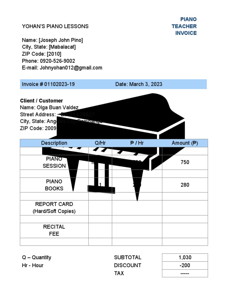 Piano Teacher Invoice Template | PDF