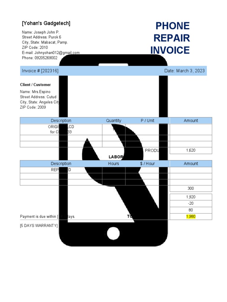 Cell Phone Repair Invoice Template | PDF