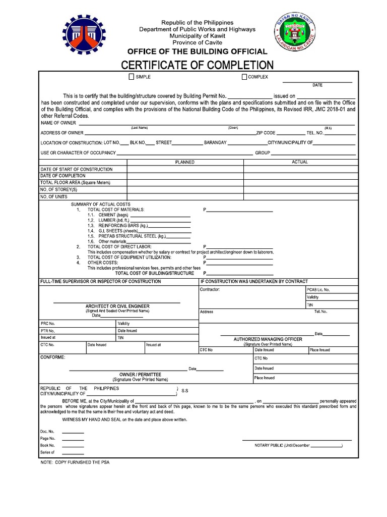 Annex H - Certificate of Completion (Front) | PDF
