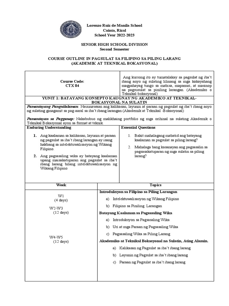 Course Outline in Filipino Sa Piling Larangan | PDF