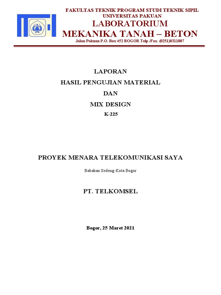 Laporan Mix Design Beton K-225 Bogor | PDF