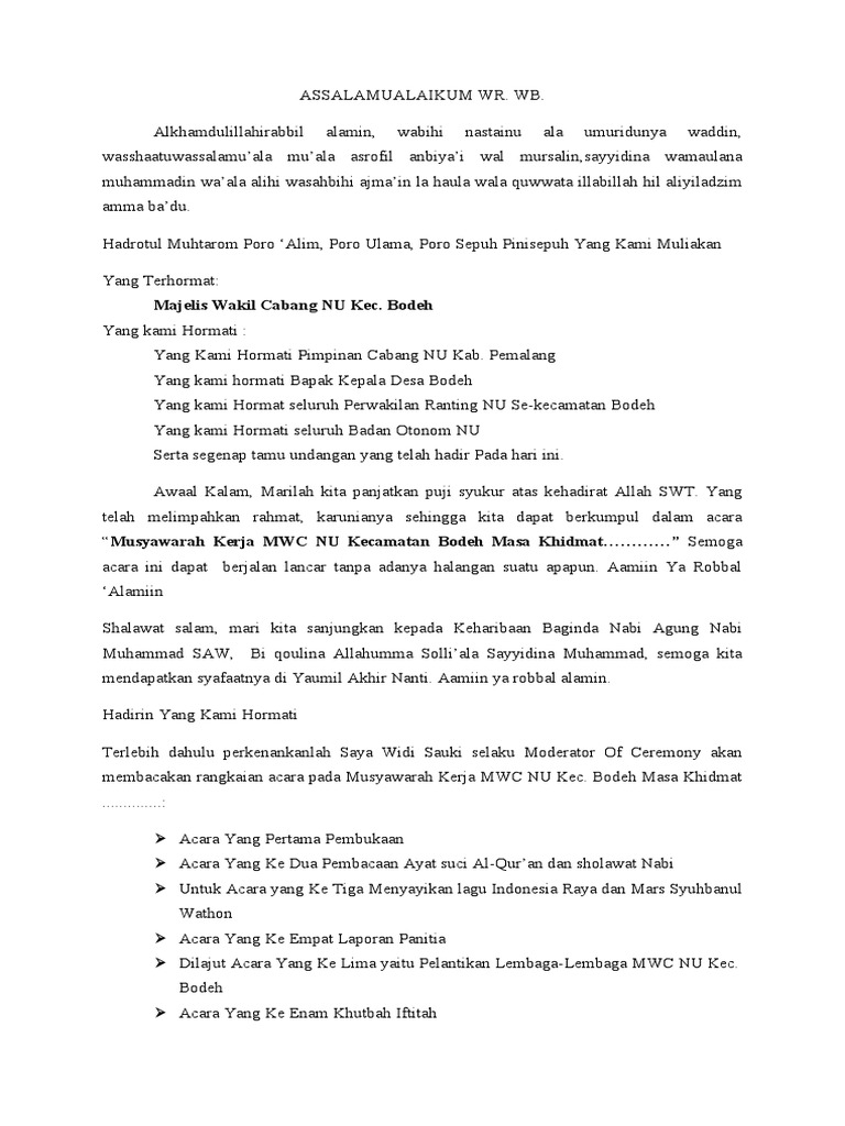 Contoh Teks MC MusKer MWC NU Kec. Bodeh | PDF | Agama & Spiritualitas