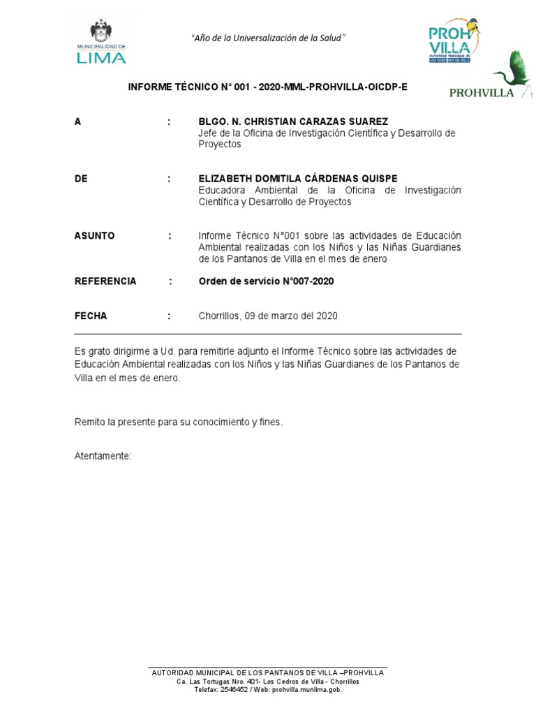 Informe Técnico #001 Educacion Ambiental | PDF