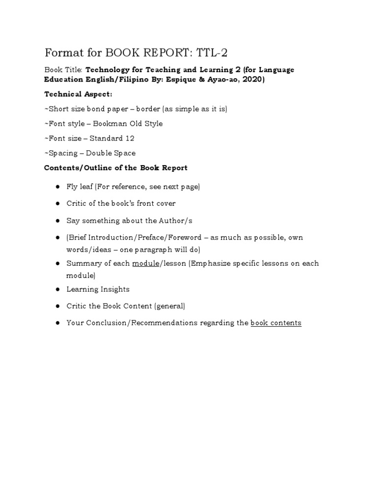 Format For BOOK REPORT | PDF | Educational Technology | Project Based Learning