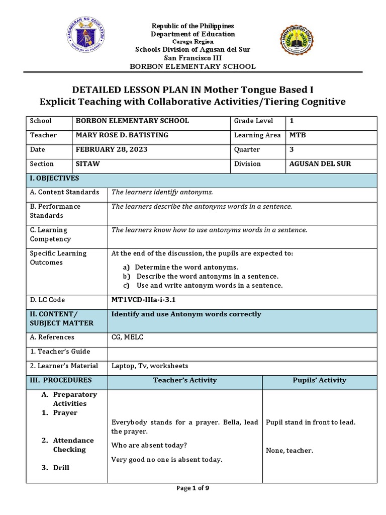 Detailed Lesson Plan in MTB 1 (Q3 W3) | PDF | Lesson Plan | Teachers