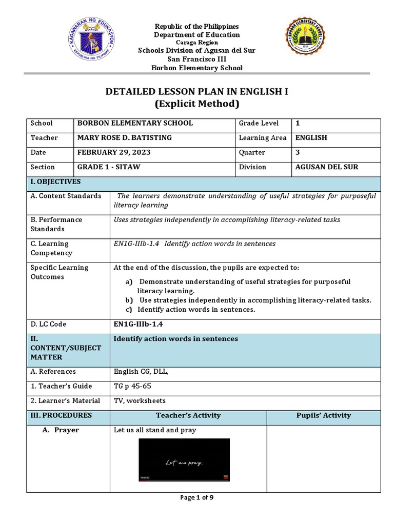 Detailed Lesson Plan in English 1 Q3 W3 | PDF | Subject (Grammar ...