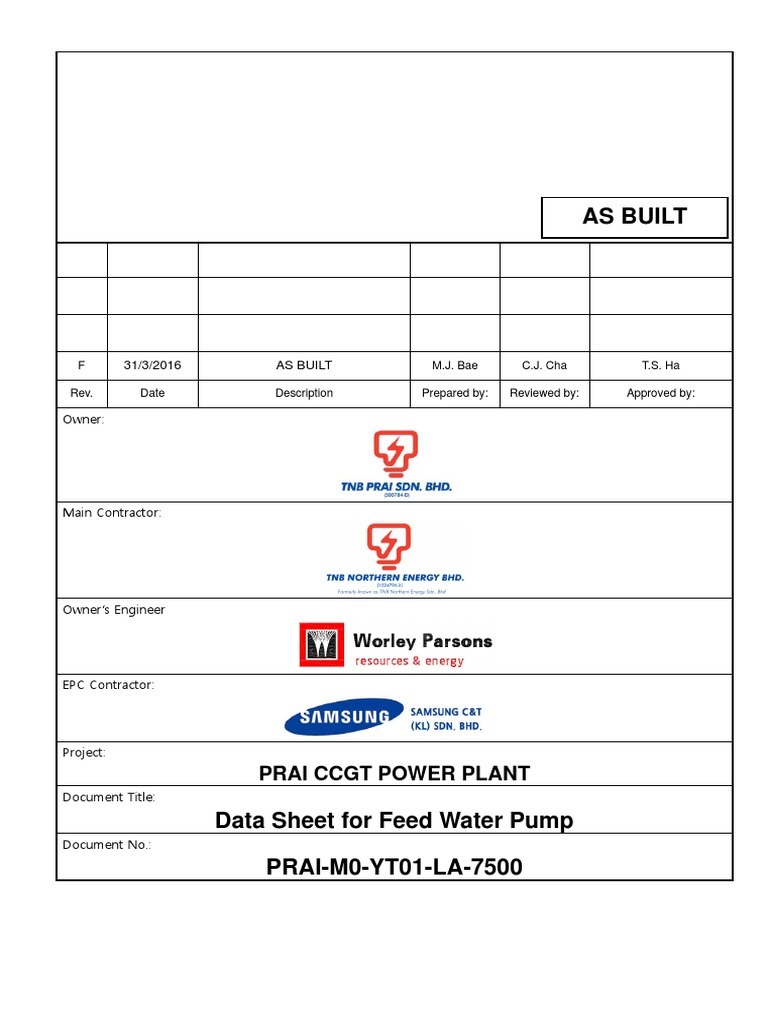 PRAI-M0-YT01-LA-7500 - As-Built - Data Sheet For Feed Water Pump | PDF ...
