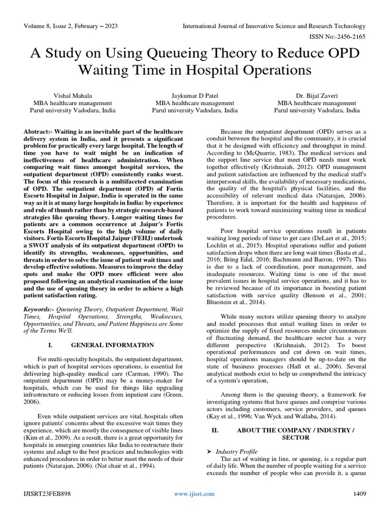 A Study On Using Queueing Theory To Reduce OPD Waiting Time in Hospital Operations | PDF ...