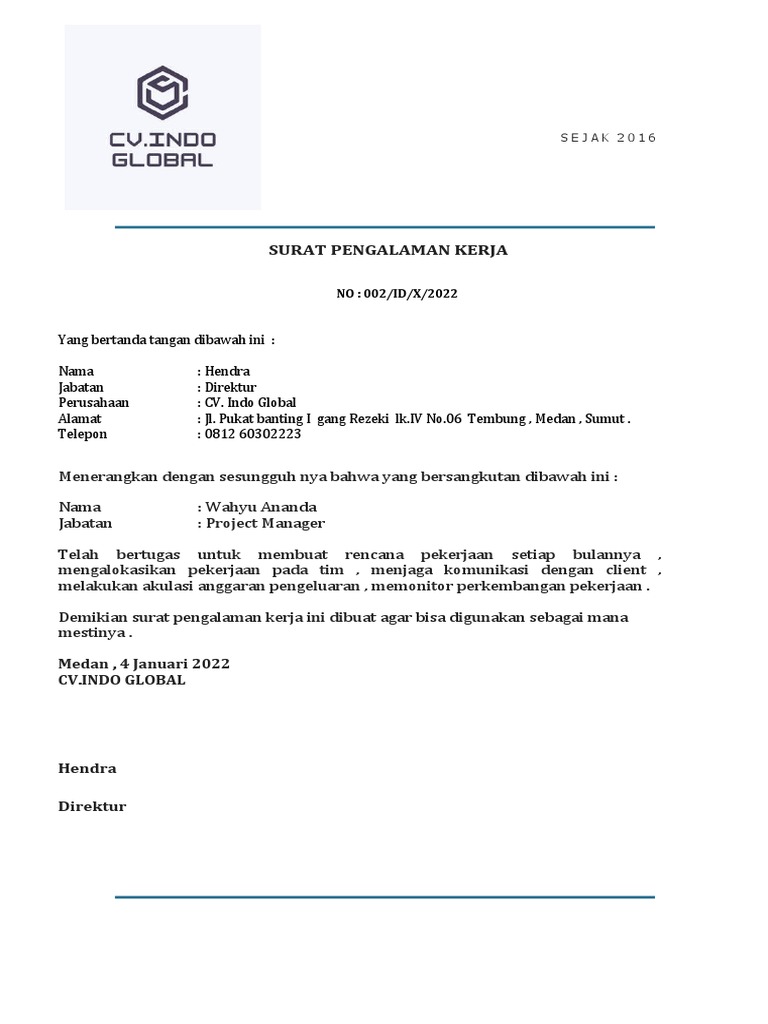 Surat Pengalaman Kerja Wahyu | PDF