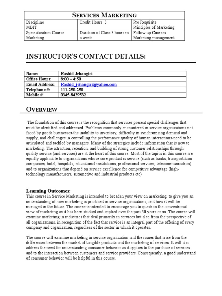 Course Outline Services Marketing | PDF | Marketing | Behavior