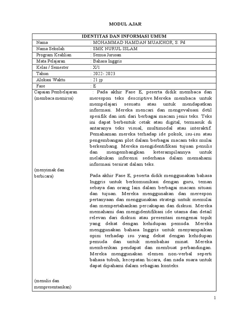 Modul Ajar Descriptive | PDF | Karier & Perkembangan | Seni & Disiplin Bahasa