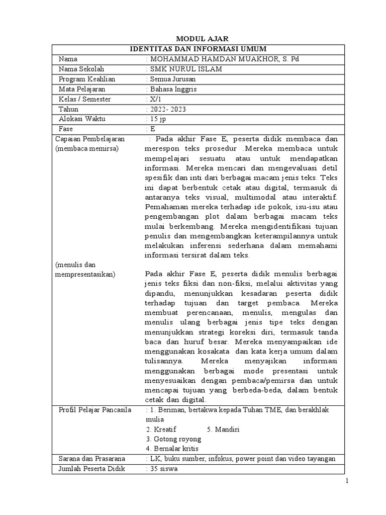 Modul Ajar Procedure Text | PDF