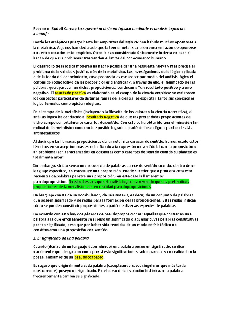 Análisis lógico de la metafísica según Carnap | PDF | Proposición ...