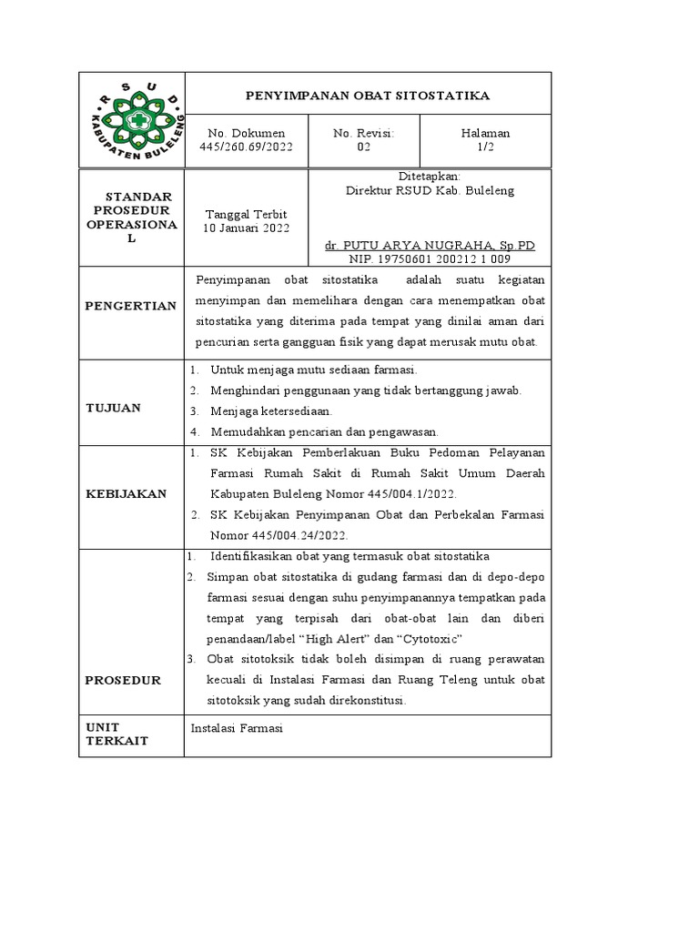 SPO Farmasi Tentang 69. Penyimpanan Obat Sitostatika | PDF | Kesehatan ...