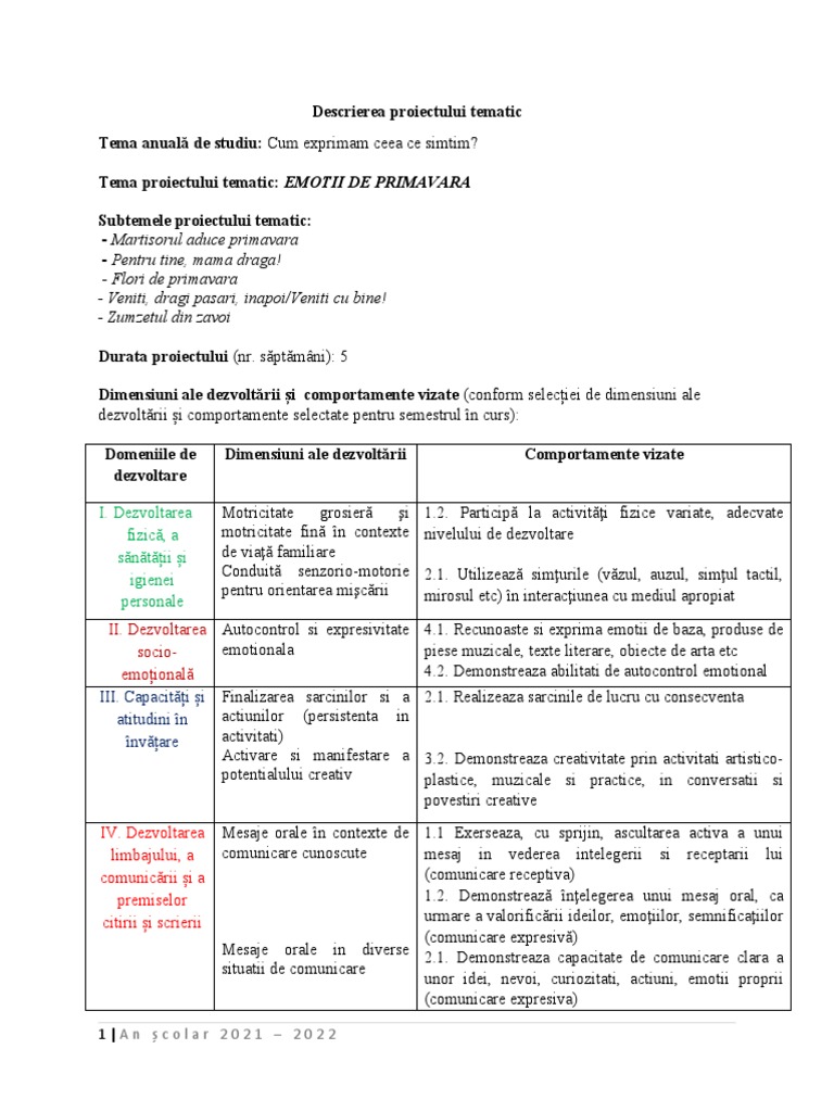 Proiect Tematic EMOTII DE PRIMAVARA | PDF