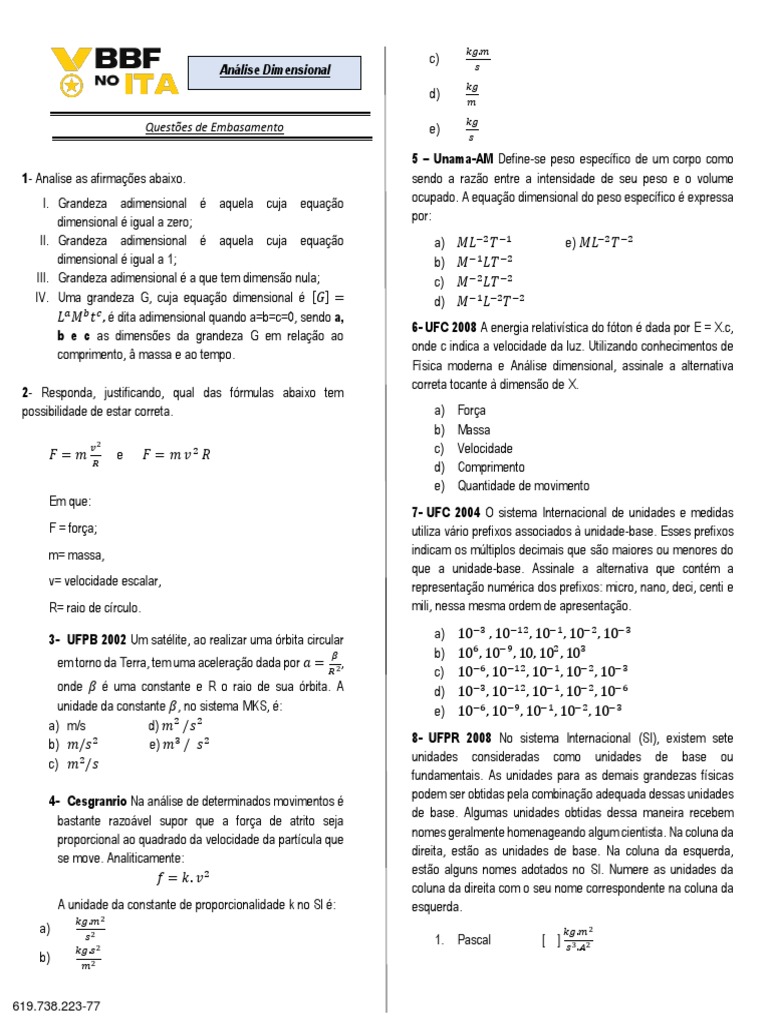 Lista de Análise Dimensional PDF | PDF | Massa | Viscosidade