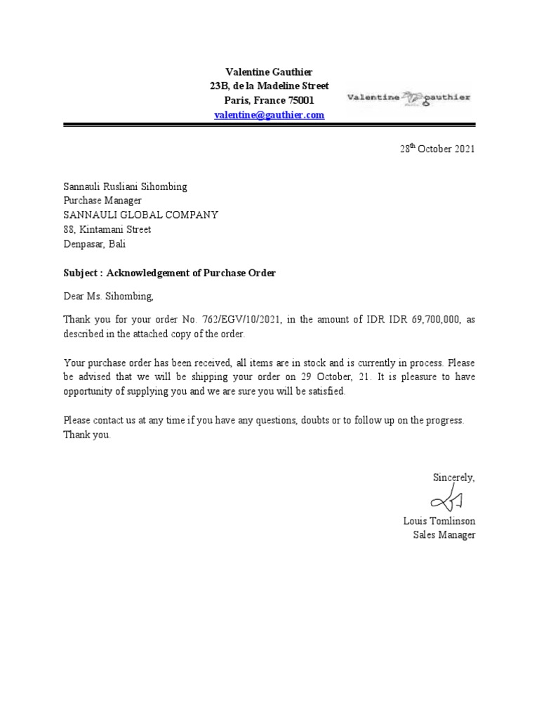 Order Acknowledgement and Update | PDF