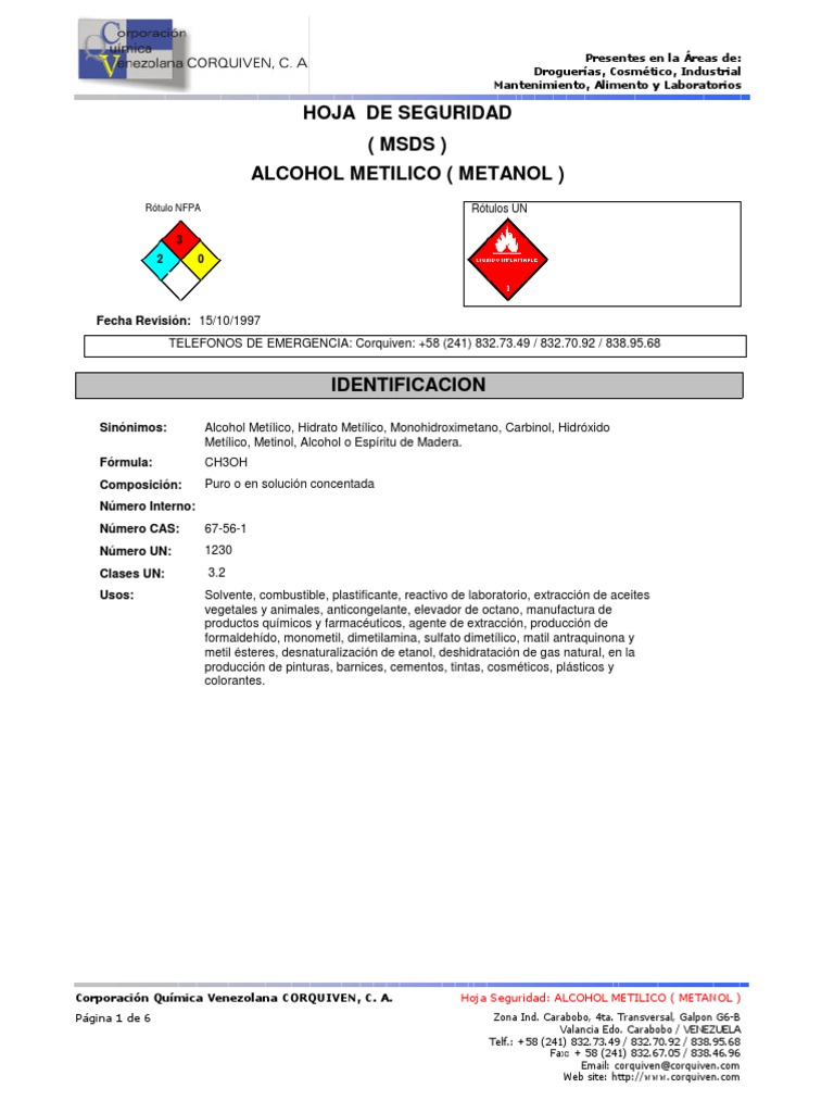 Metanol - Ficha de Seguridad | PDF