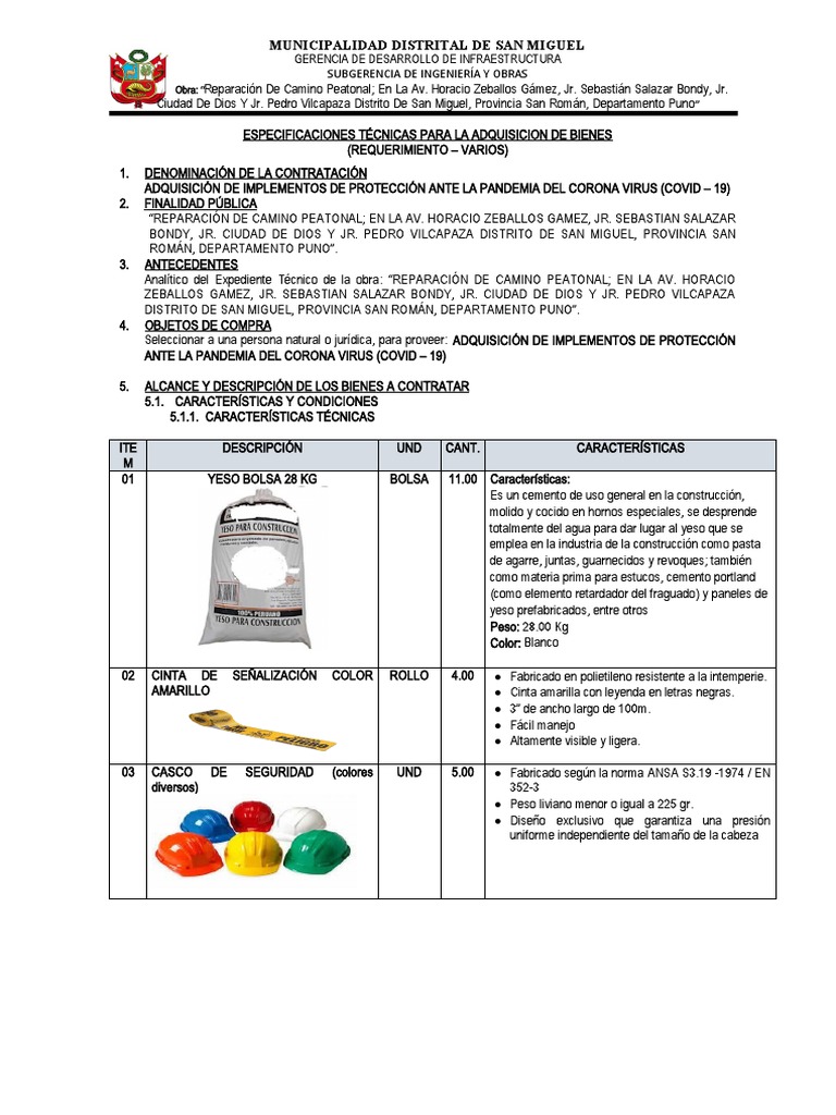 ESPECIFICACIONES TÉCNICAS PARA LA ADQUISICION DE BIENES Epp Covid | PDF | Cemento | Yeso