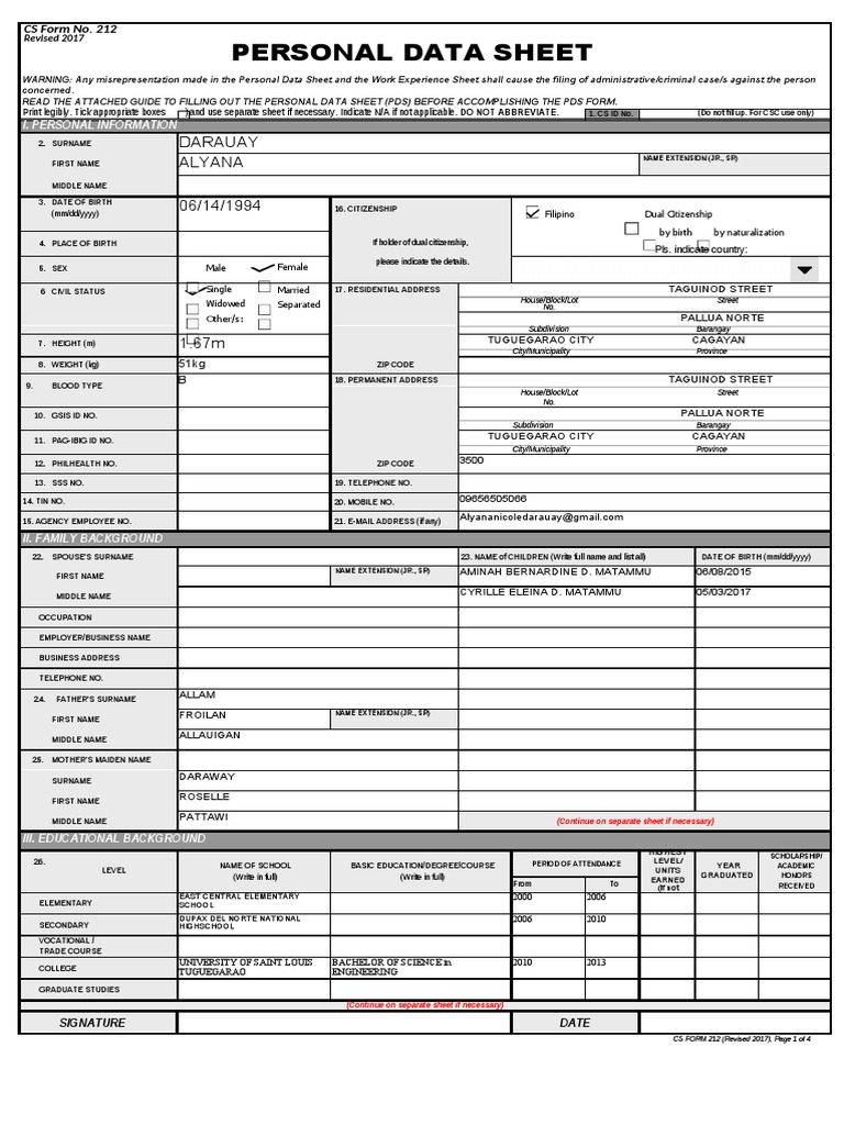 Personal Data Sheet CS Form No. 212 Revised 2017 | PDF | Government ...
