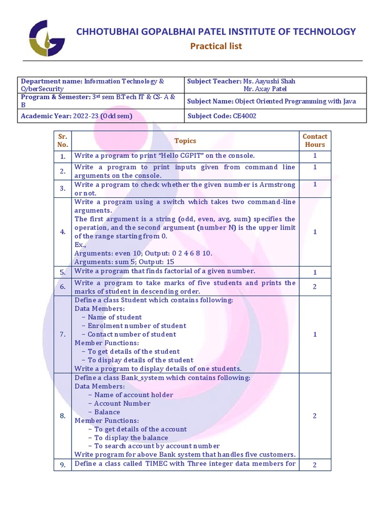 Lab Planning Oopj 2022 23 Pdf Method Computer Programming Class Computer Programming