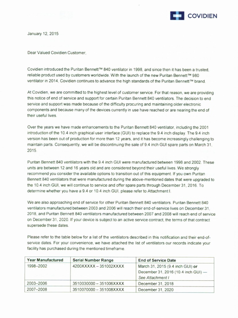 Puritan Bennett 840 End of Life Letter | PDF