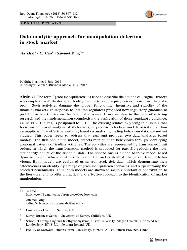 Data analytic approach for manipulation detection in stock market | PDF | Coefficient Of ...