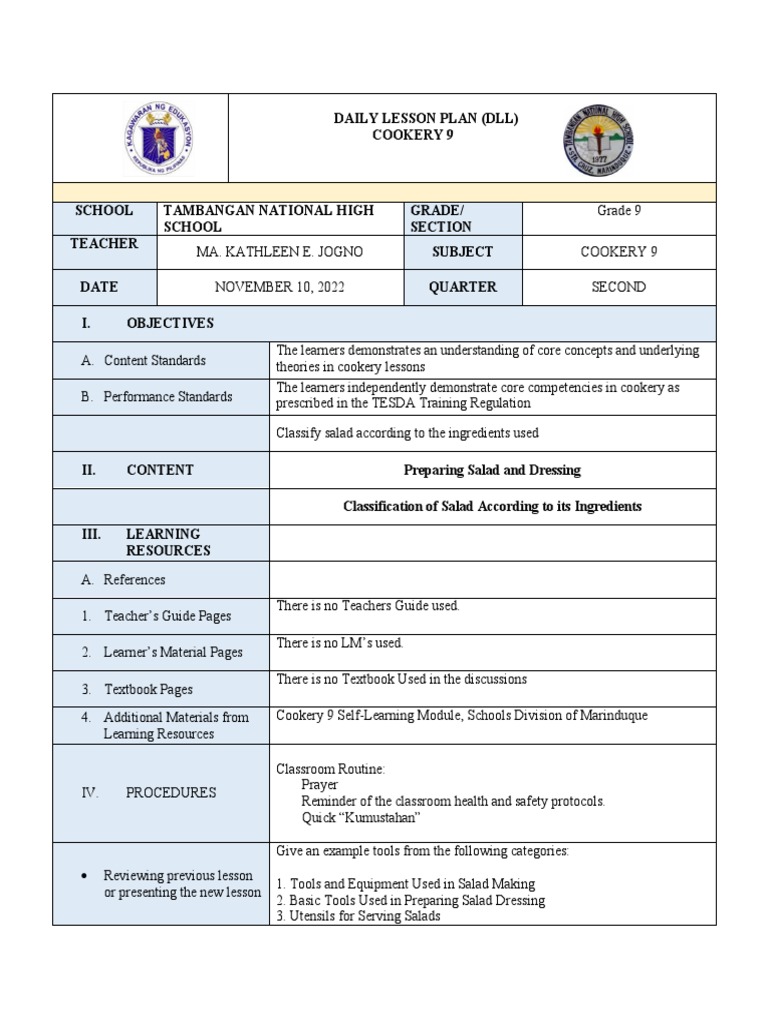 Q 2 Day 2 Tle 9 | PDF | Salad | Learning