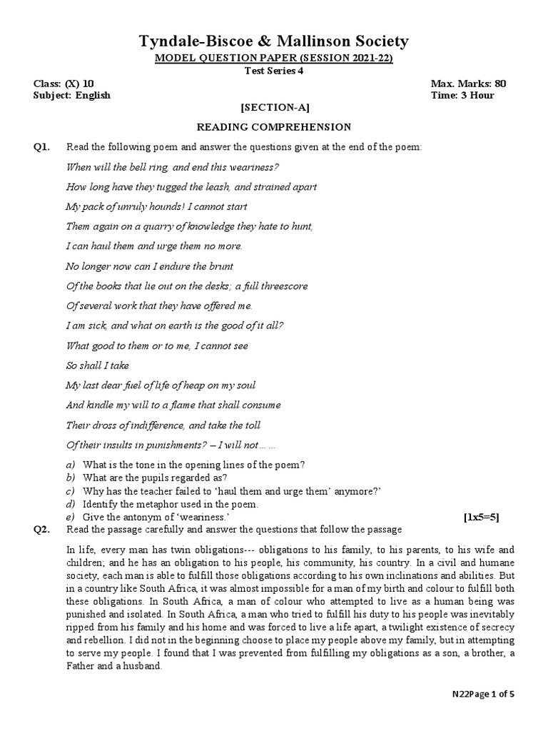 Class 10 English Model Question Paper | PDF | Artificial Intelligence ...