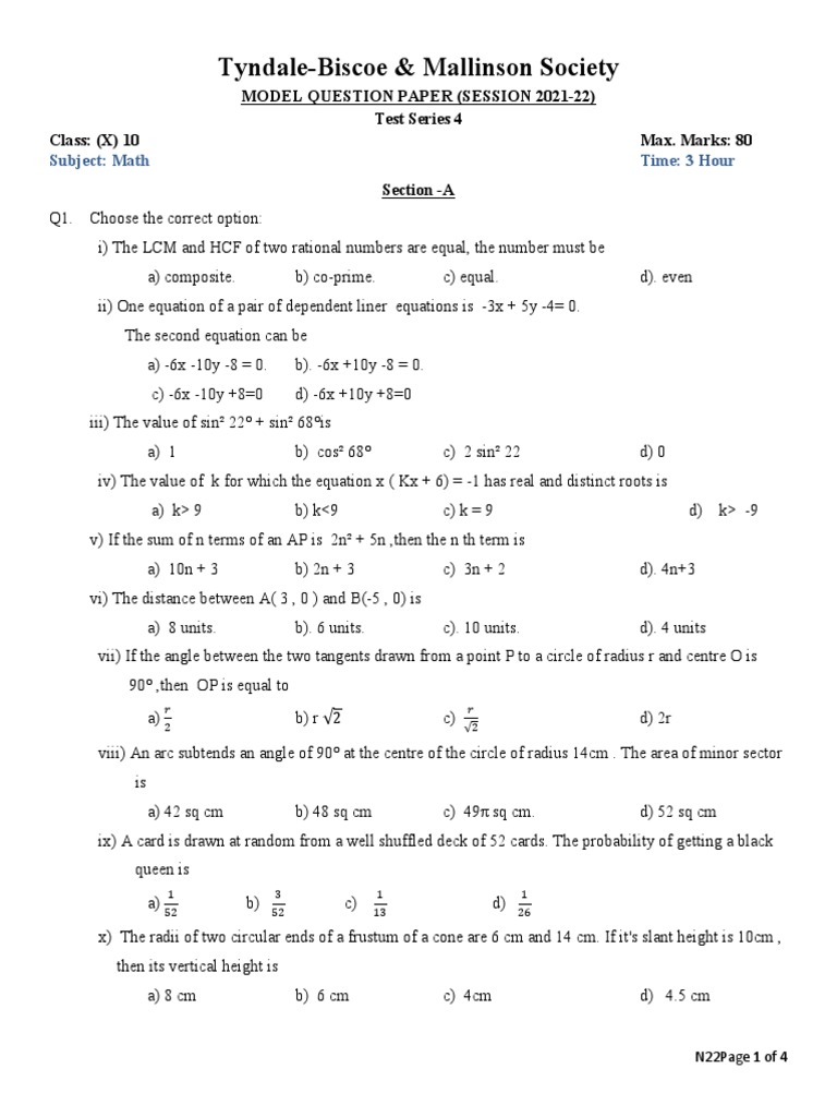 Mathh Class 10 Model Paper 4 | PDF | Area | Triangle