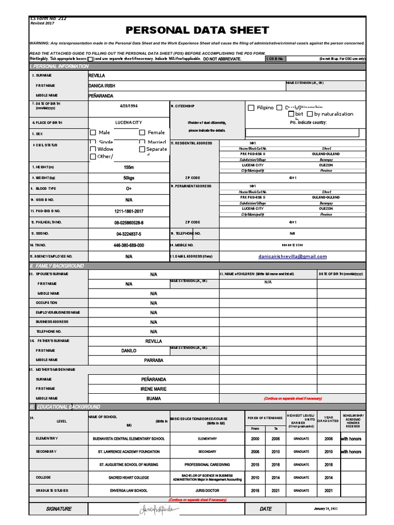 CS Form No. 212 Personal Data Sheet Revised | PDF | Justice | Crime ...