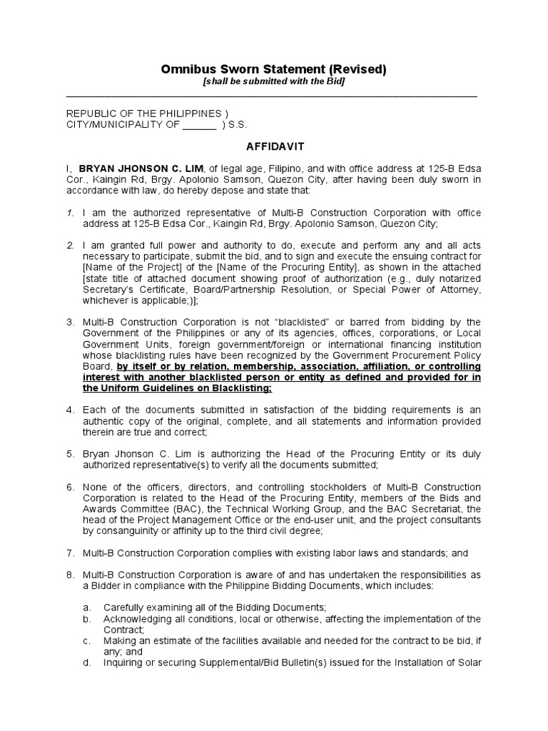 Omnibus Sworn Statement (Multi-B) | PDF | Fraud | Common Law