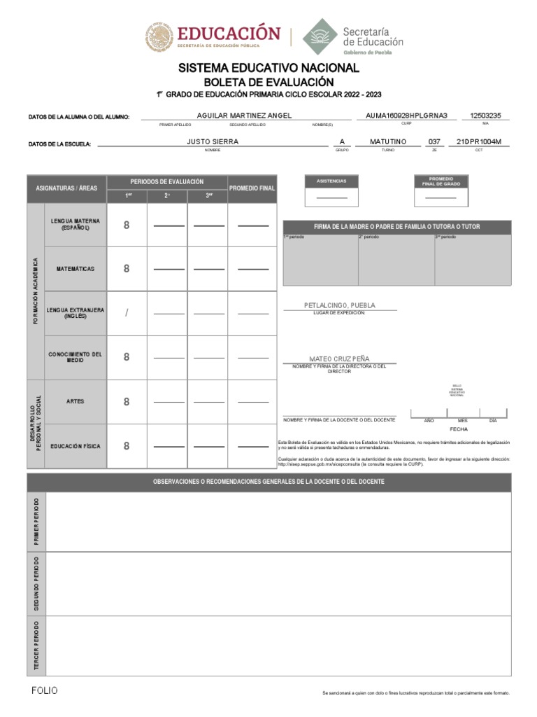 Boleta de Evaluación Primaria 2022-2023 | PDF | Educación primaria