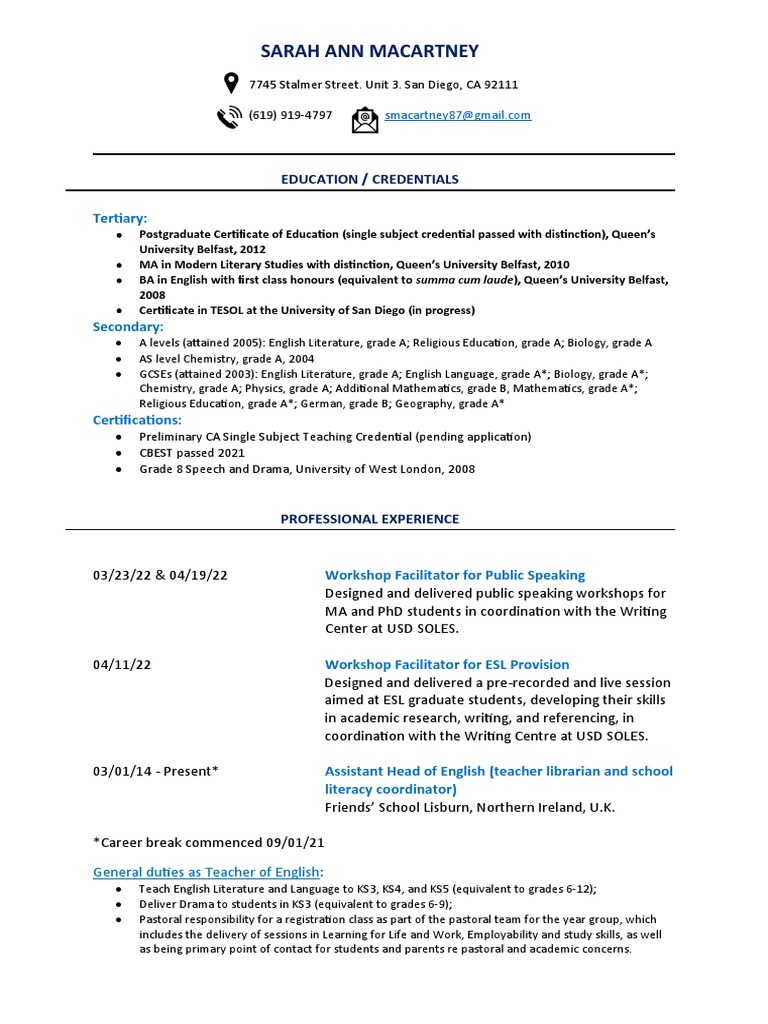 Sarah Ann Macartney Us CV Job Applications Us | PDF | Libraries | Teachers
