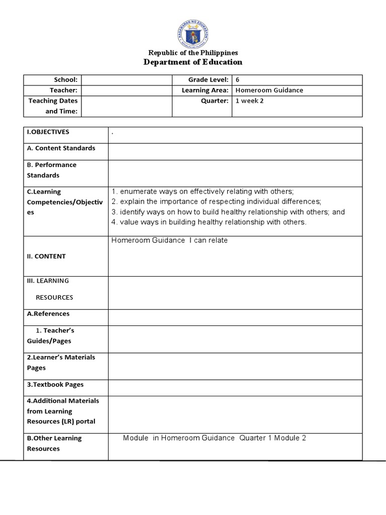 Homeroom Guidance 6 Lesson Plan | PDF | Learning | Teachers