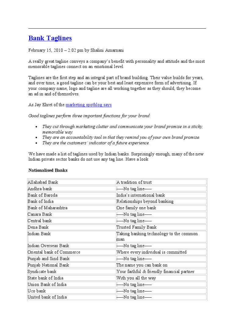 Bank Taglines | Download Free PDF | Brand | Economy Related Organizations