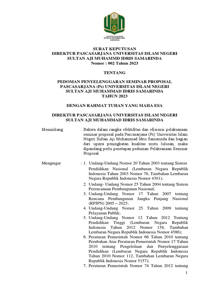 Pedoman Seminar Proposal Pascasarjana UINSI | PDF