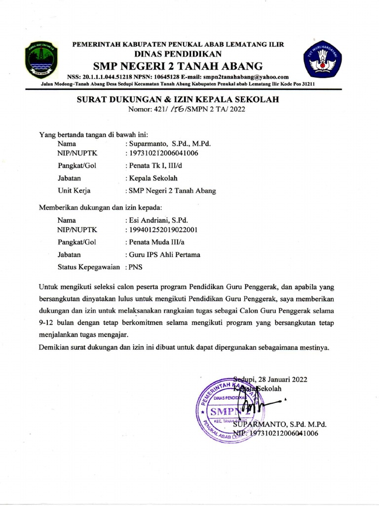 Surat Dukungan Dan Izin Kepsek Esi | PDF
