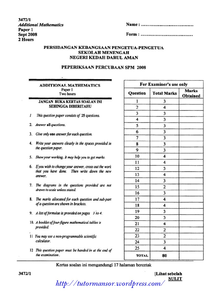 Add Math SPM Trial 2008 Kedah p1 Ans1 | PDF | Malaysia | Mathematics