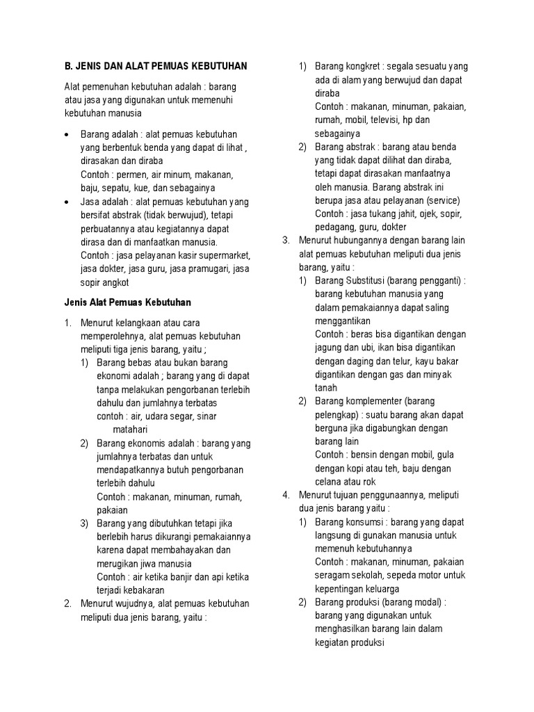 B. Jenis Dan Alat Pemuas Kebutuhan Dan Kelangkaan | PDF
